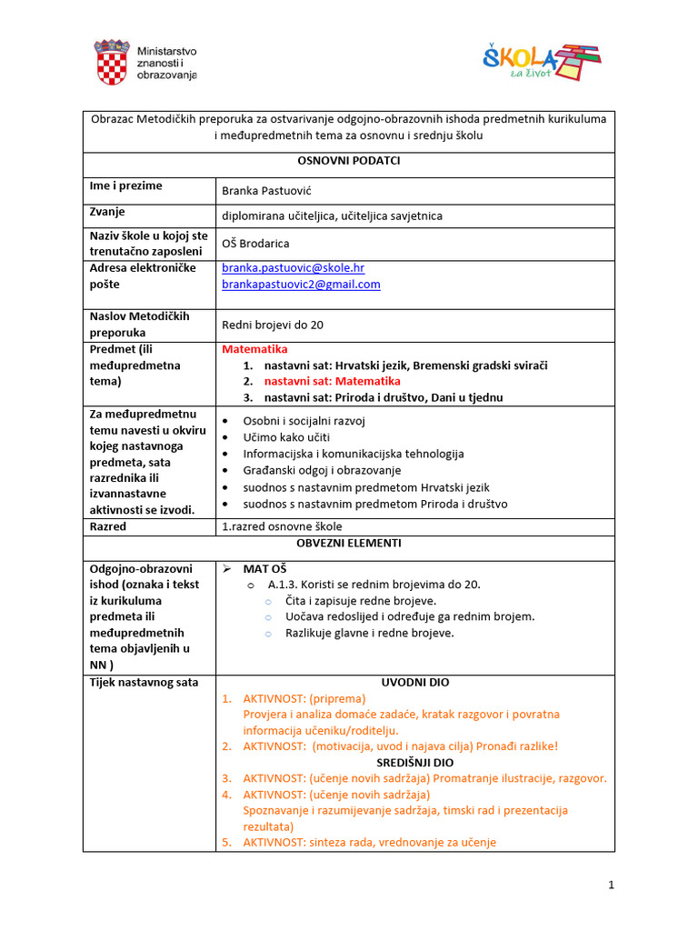 MATEMATIKA 1 OŠ Redni Brojevi Do 20 BP | PDF