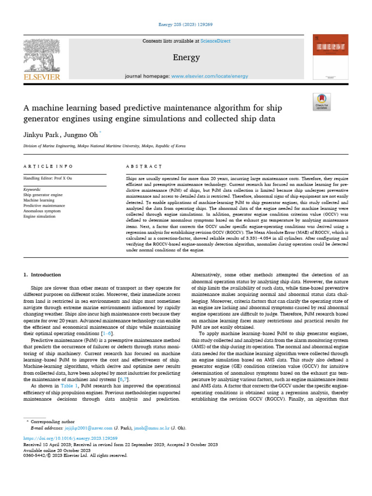 A Machine Learning Based Predictive Maintenance Algorithm For Auxiliary Engines | PDF | Machine ...