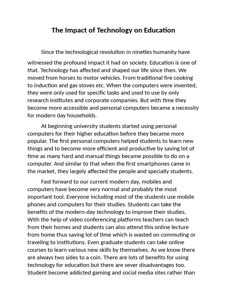 The Impact of Technology On Education Essay | PDF | Artificial ...