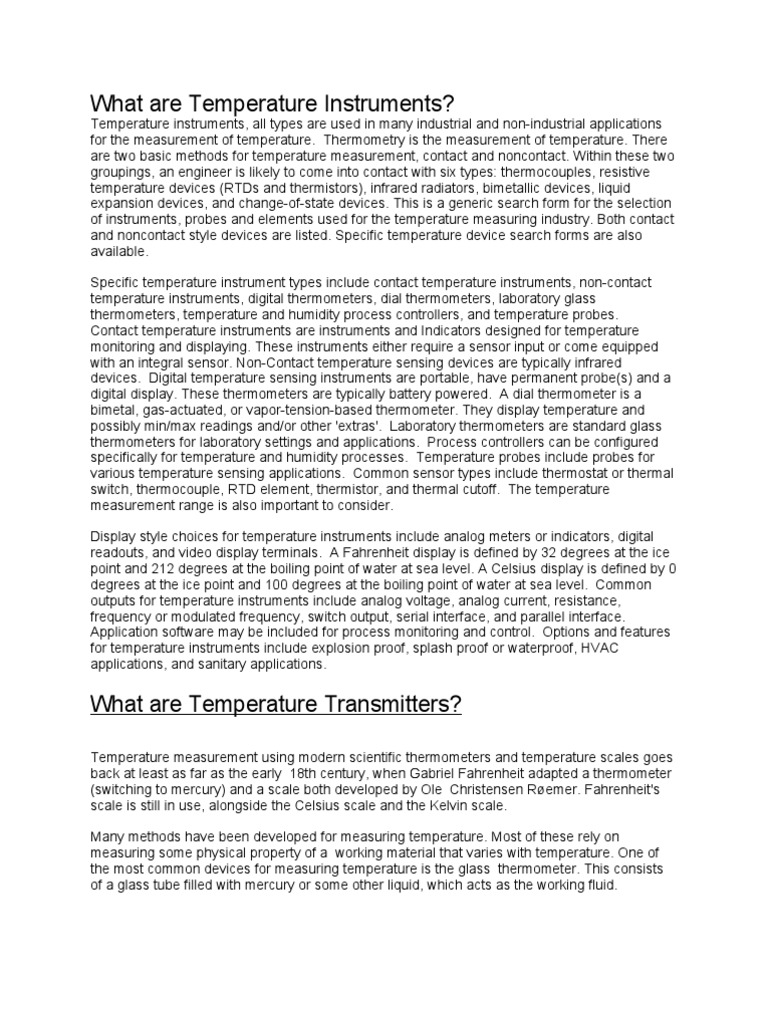 Overview of Temperature Measurement Instruments | PDF | Thermometer | Valve