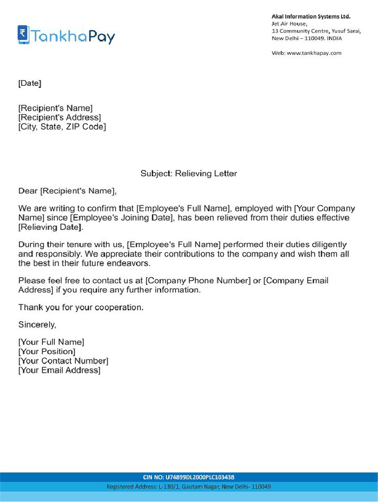 Relieving Letter Format Image | PDF