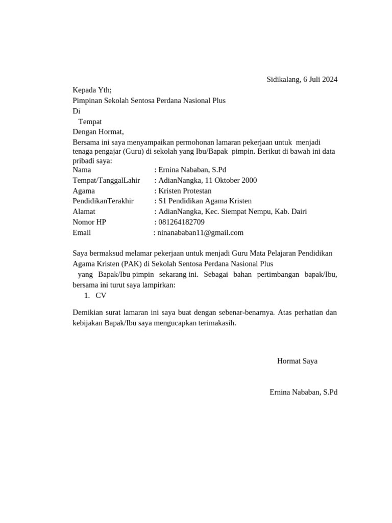 Lamaran Guru PAK Ernina Nababan | PDF | Pengembangan Diri | Kesehatan Holistik