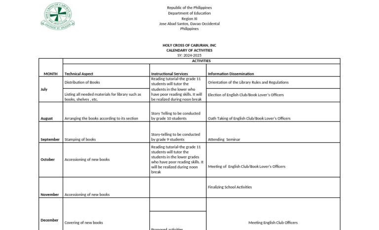 Library Clendar of Activities | PDF