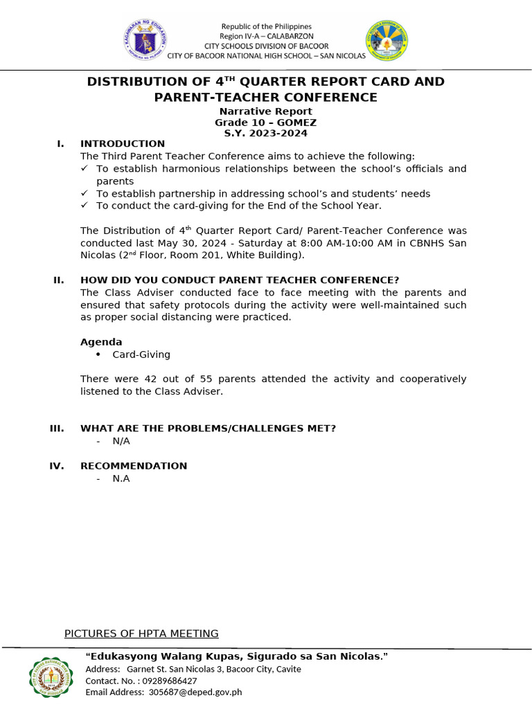 Q4 - GOMEZ - Distribution of 4th Quarter Report Card and PTA Conference ...