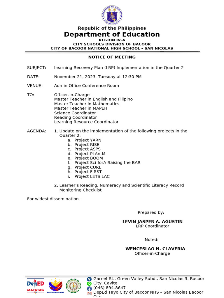 Meeting Notice: Learning Recovery Plan | PDF | Social Science | Foreign ...