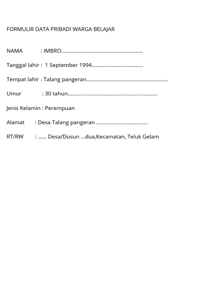 Data Warga Belajar Talang Pangeran | PDF