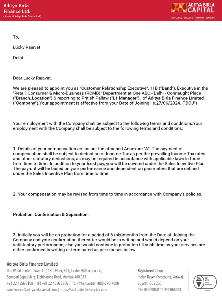Appointment Letter for Customer Executive | PDF | Employment | Non ...