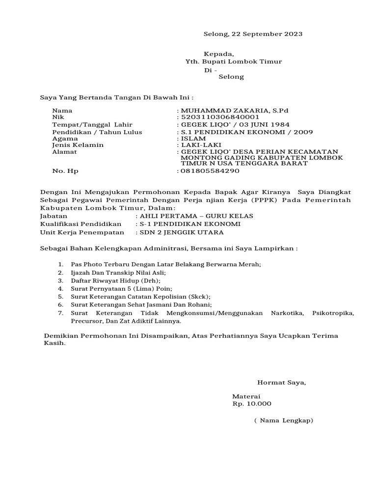 Format Surat Lamaran - Untuk PPPK Guru | PDF