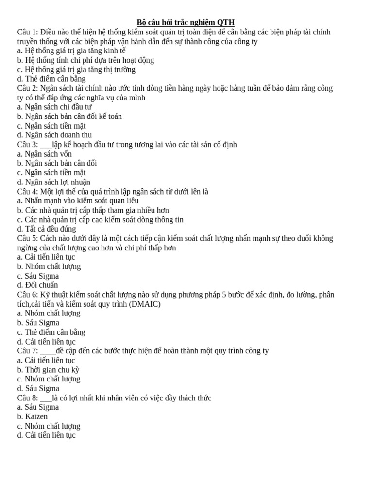 Bộ câu hỏi trắc nghiệm QTH | PDF