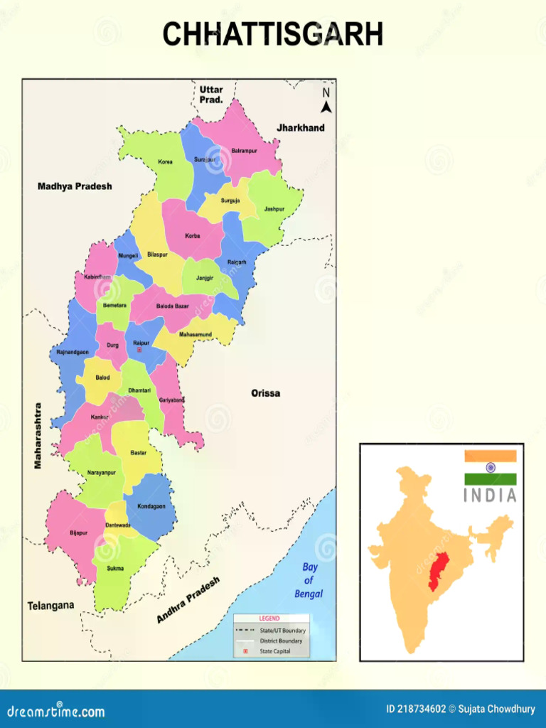 Chhattisgarh Map Showing State Boundary District Boundary Chhattisgarh ...