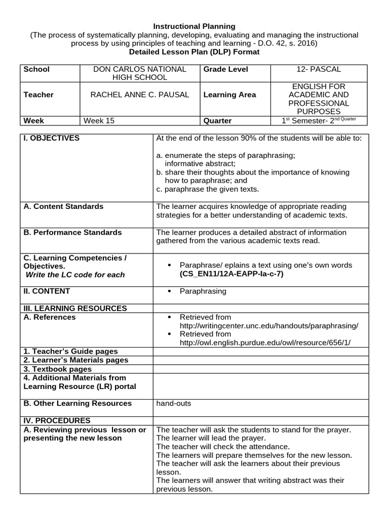 DLP Eap Week 4 | PDF | Learning | Lesson Plan