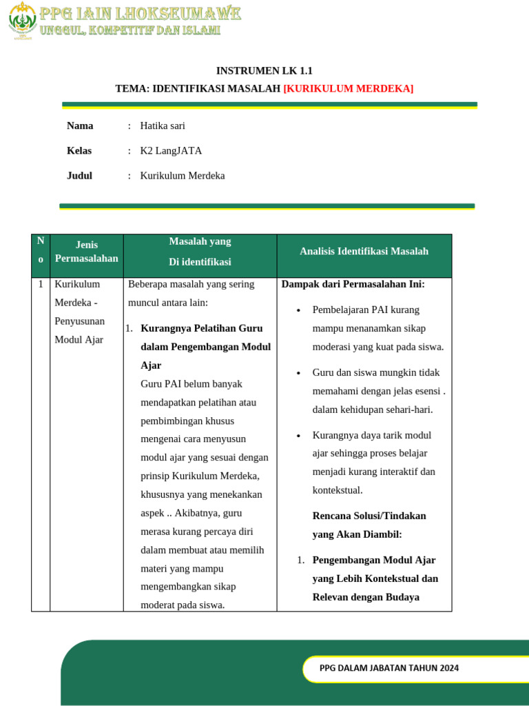 KURMER - PBL (K2) Instrumen LK 1.1 - Identifikasi Masalah | PDF | Karier & Perkembangan | Seni