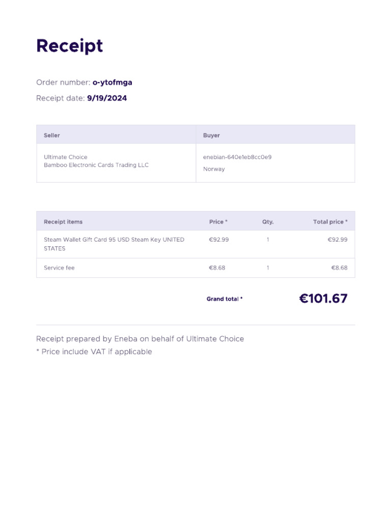 Steam Giftcard 95usd Receipt | PDF