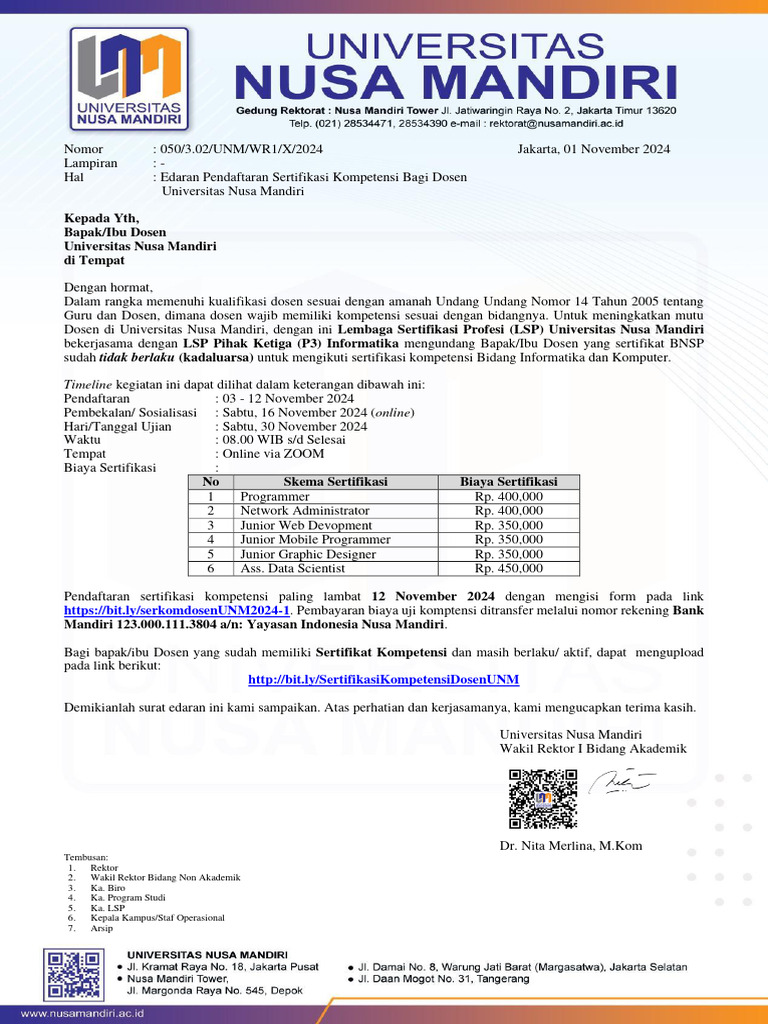 Edaran Pendaftaran Sertifikasi Kompetensi Bagi Dosen Universitas Nusa Mandiri - 1 Nov 2024 | PDF
