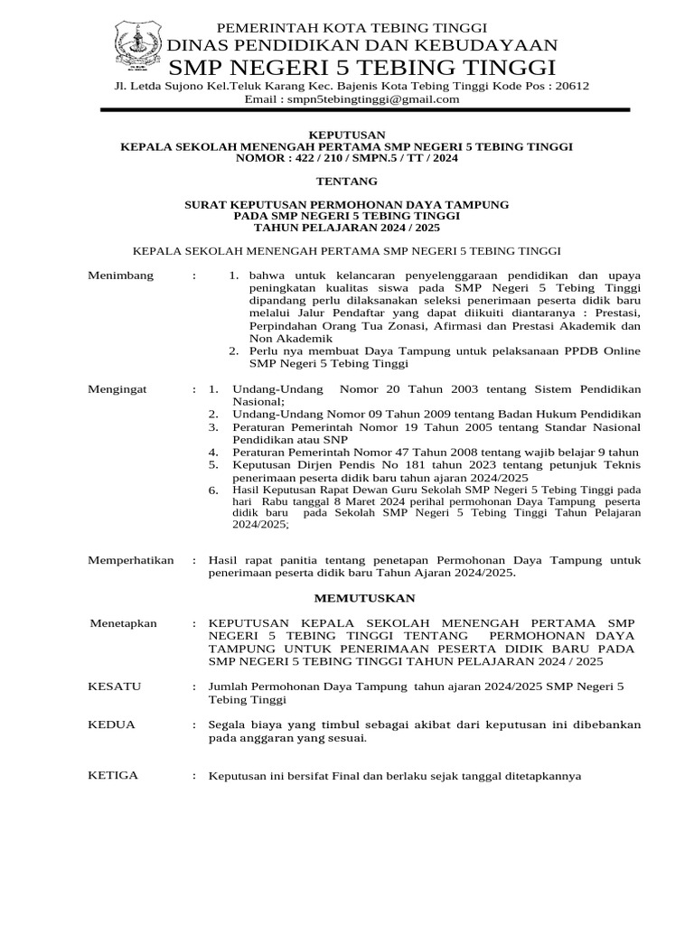 SK Daya Tampung SMP 5 | PDF