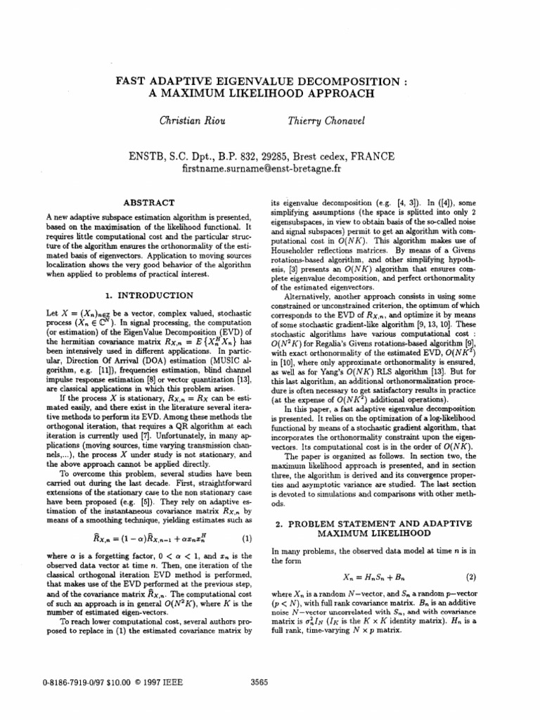 Fast Adaptive Eigenvalue Decomposition A Maximum Likelihood Approach | PDF | Eigenvalues And ...