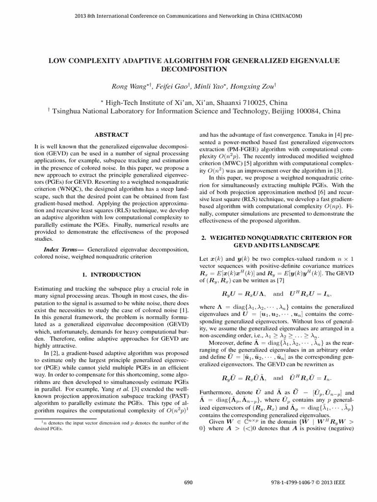 Low Complexity Adaptive Algorithm For Generalized Eigenvalue Decomposition | PDF | Eigenvalues ...
