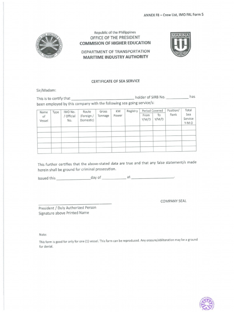 JCMMC 1 S. 2023 Annex f8 Crew List Imo Fal Form 5 | PDF