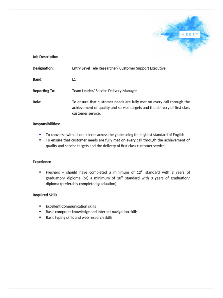 Job Description - Entry Level Tele Researchers | PDF
