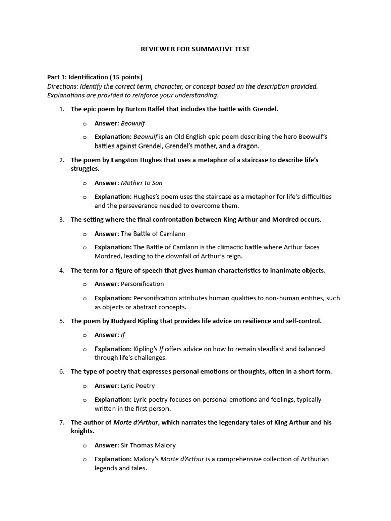 Reviewer For Summative Test | PDF | Poetry | Beowulf