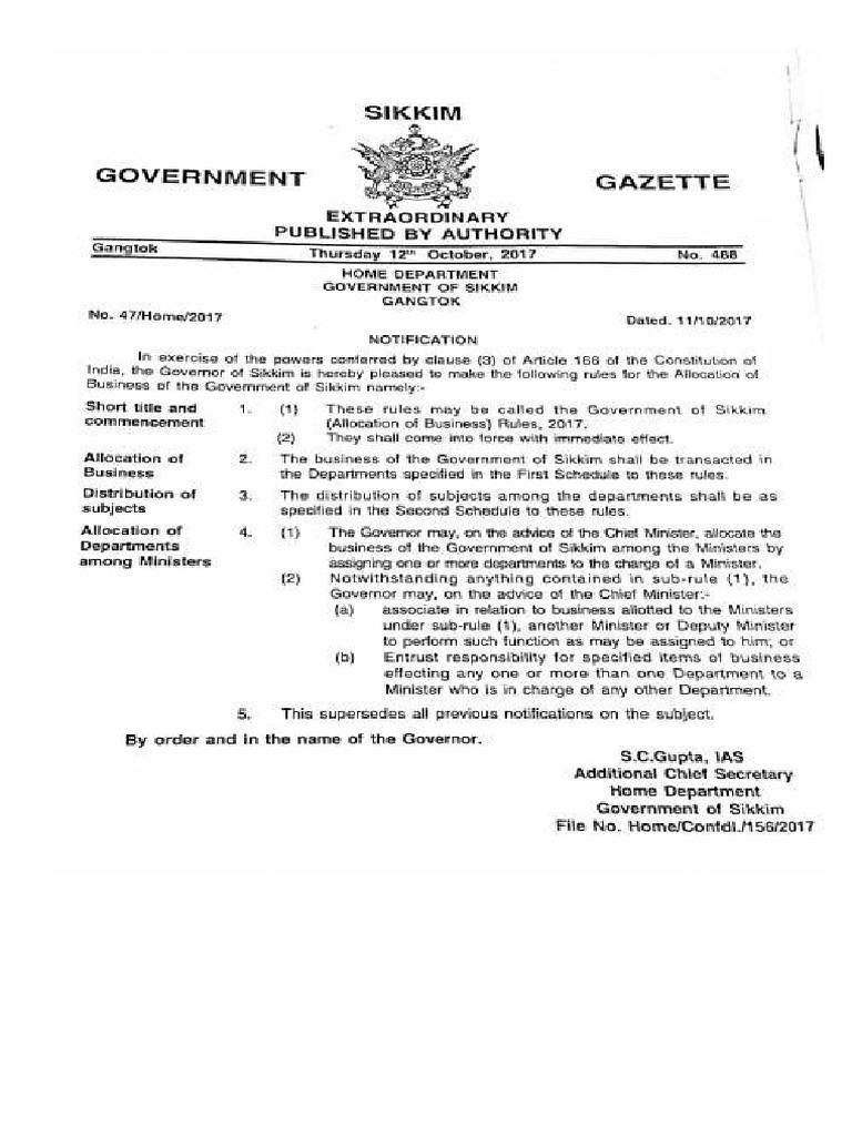 Allocation of Business, Rules, Governmment of Sikkim. | PDF ...