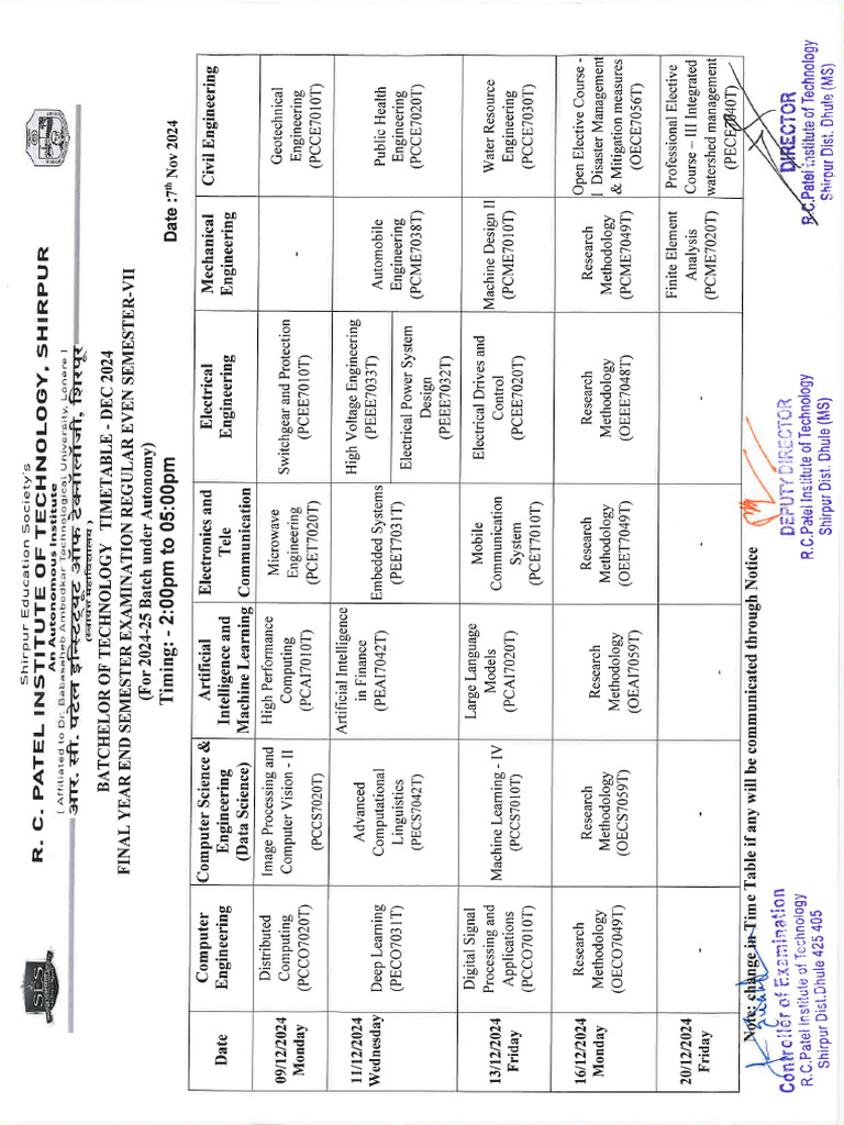 BTECH ODD SEM -VII ESE 2024 Time Table | PDF