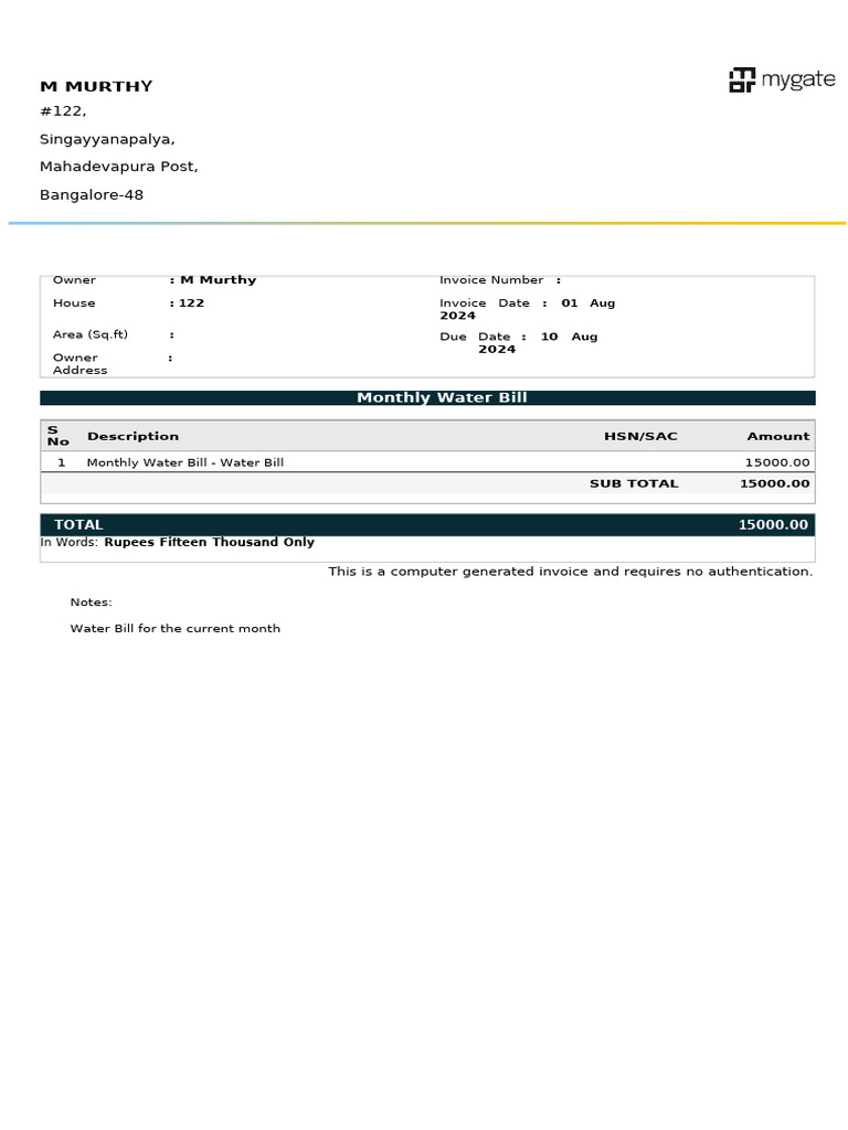 Monthly Water Bill Invoice - ₹15,000 | PDF