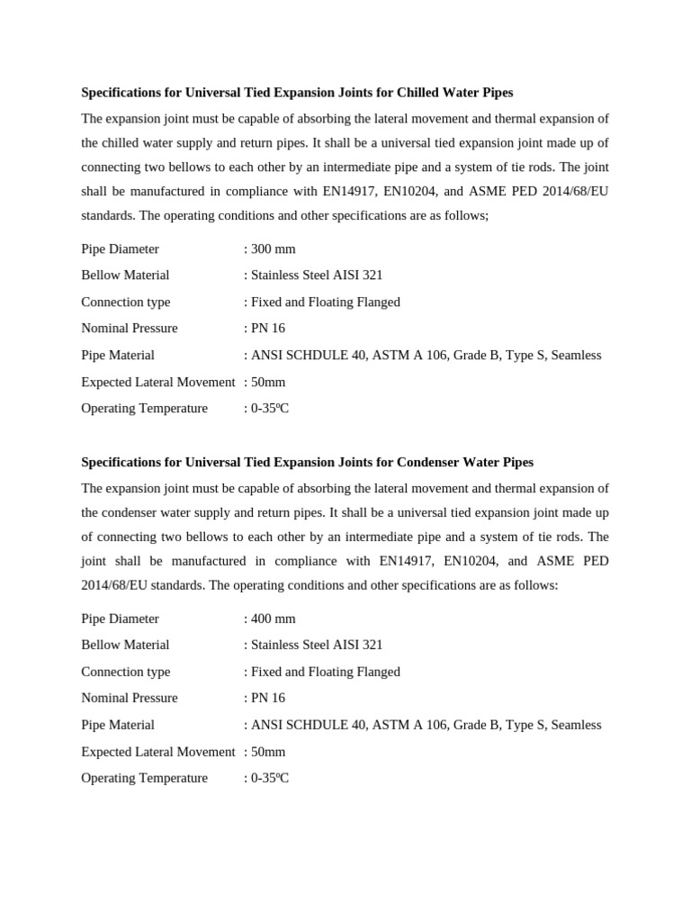 Specifications For Movement Joints, Pressure Guages, Temperature Gauges ...