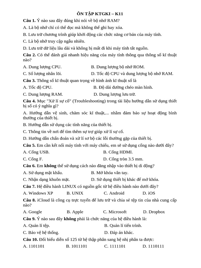 ÔN TẬP KTGKI K11 | PDF