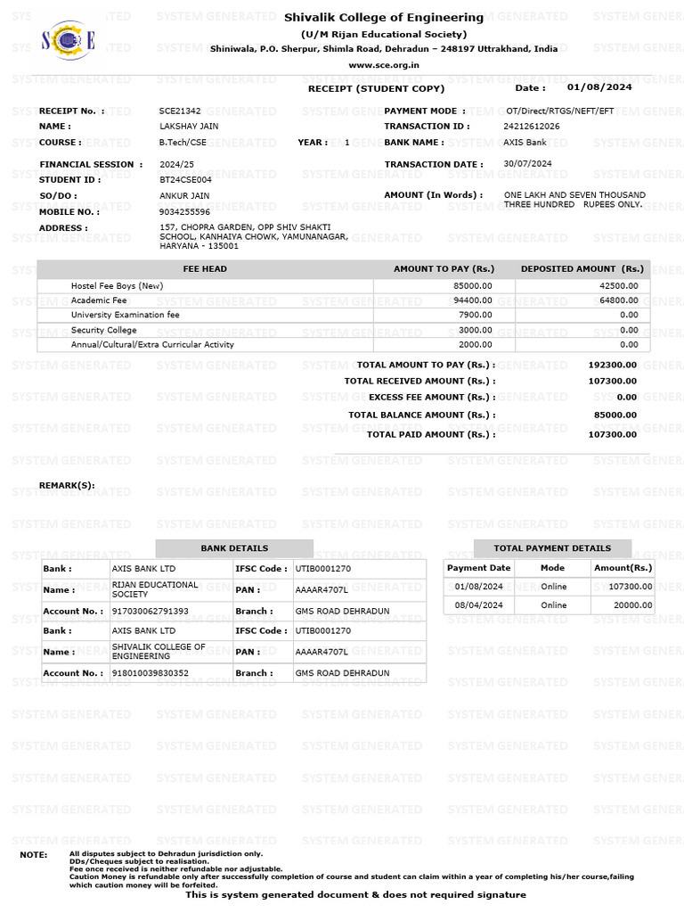 Student Fee Receipt SCE | PDF | Banks | Service Industries