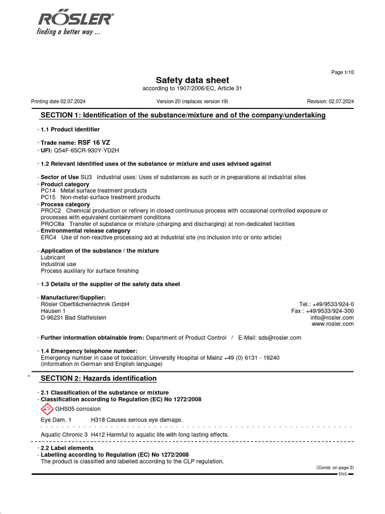 RSF 16 VZ Safety Data Sheet | PDF | Toxicity | Dangerous Goods