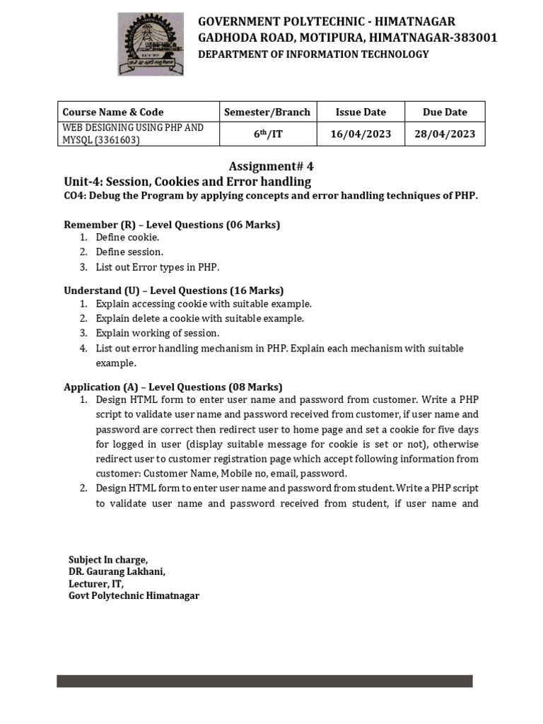 Assignments 4 PHP-2022-23 | PDF | Http Cookie | Login