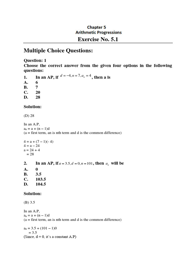 Exercise No. 5.1 Multiple Choice Questions | PDF | Triangle ...