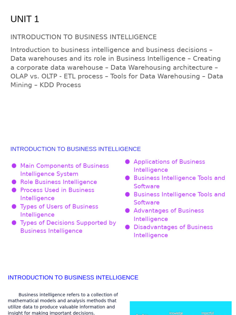 BI-Unit 1 | PDF | Data Warehouse | Business Intelligence