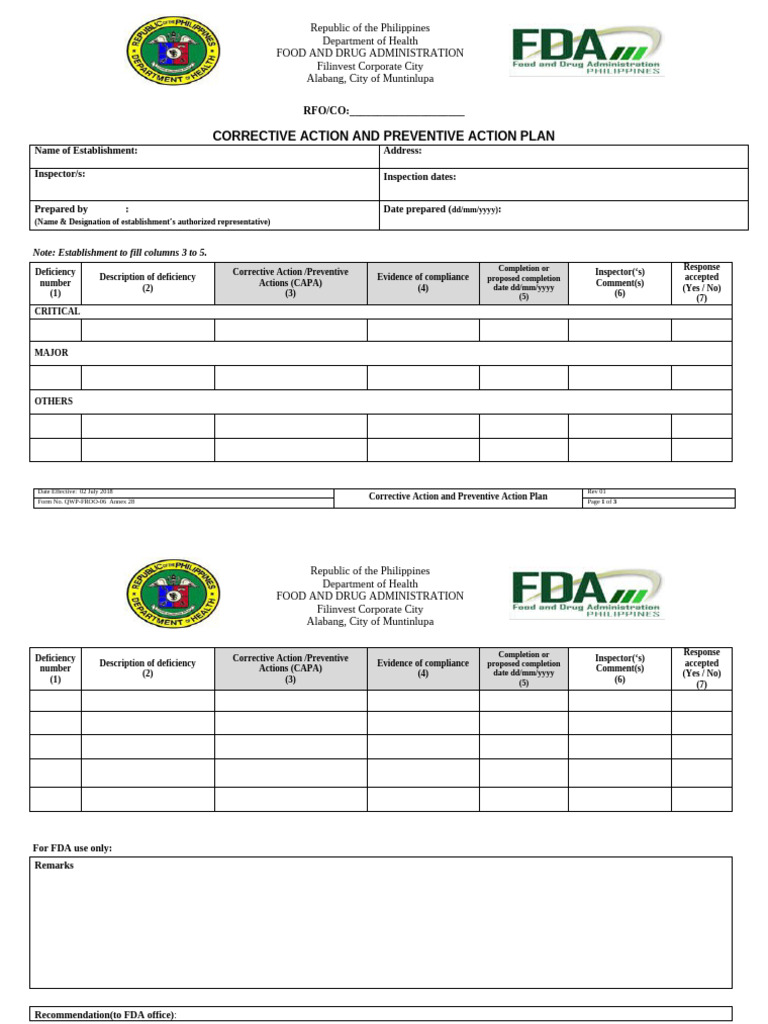 CAPA FORM | PDF | Food And Drug Administration | Quality
