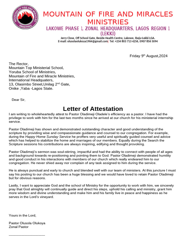 Letter of Attestation for Pastor Oladele | PDF | Religious Belief And ...