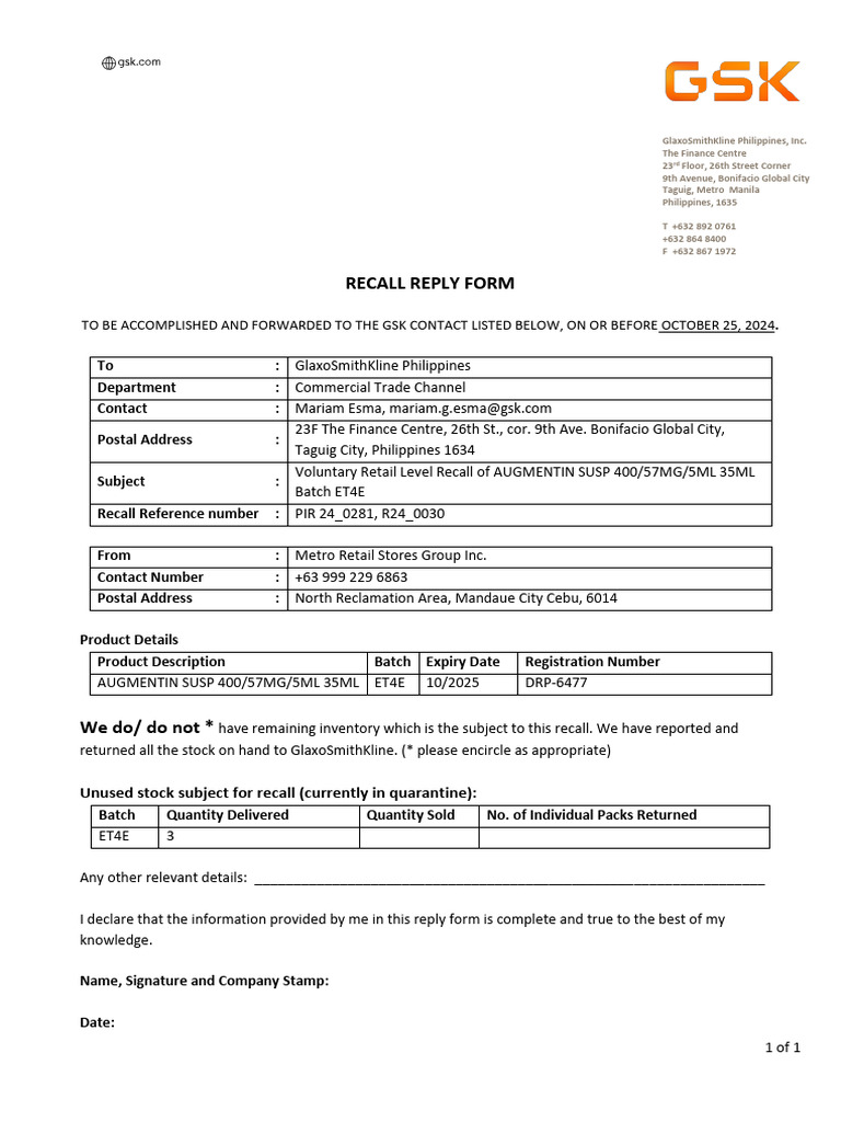 GSK Recall Reply Form - Metro Retail | PDF