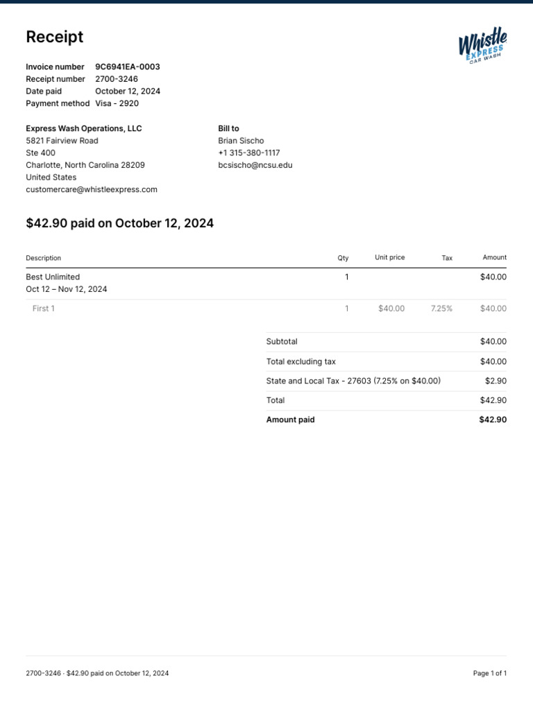 Express Wash Receipt for Brian Sischo | PDF
