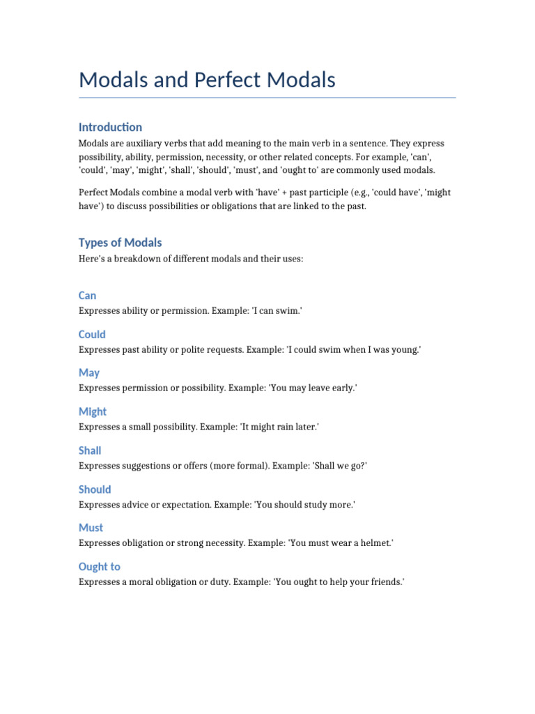 Modals and Perfect Modals Lesson | PDF | Linguistic Morphology | Morphology