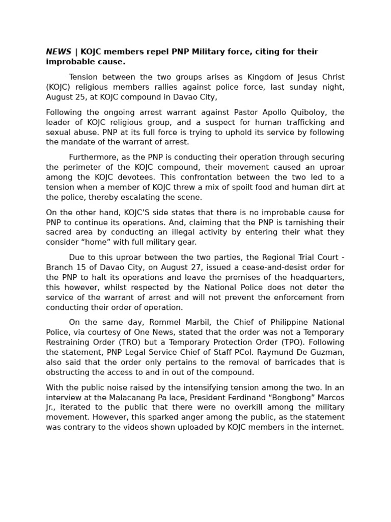 KOJC Confronts PNP at Davao Compound | PDF | Social Science