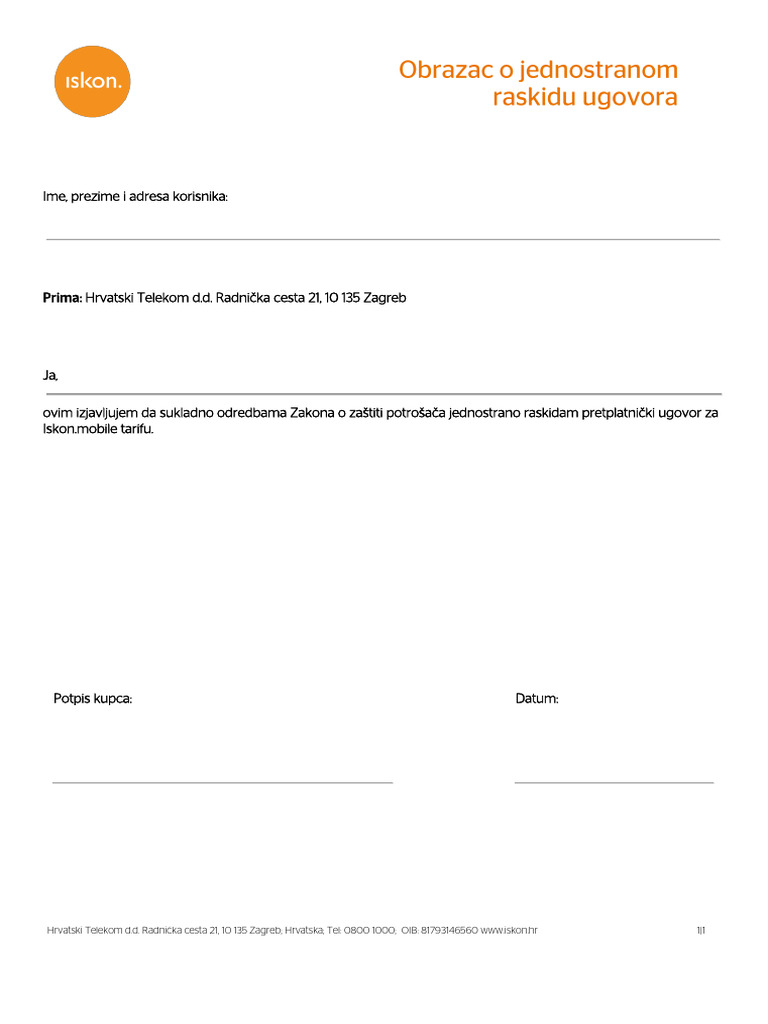 Iskon Jednostrani Obrazac Raskida Ugovora | PDF