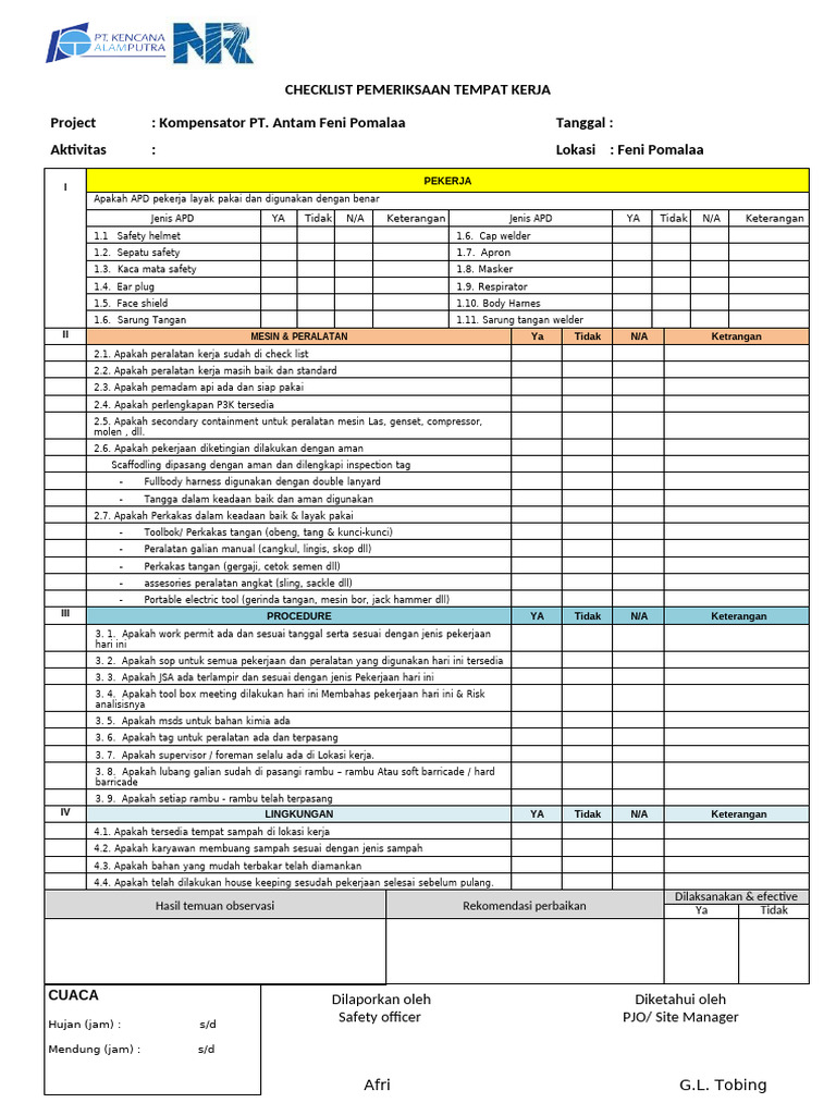 Checklist Keselamatan Kerja | PDF