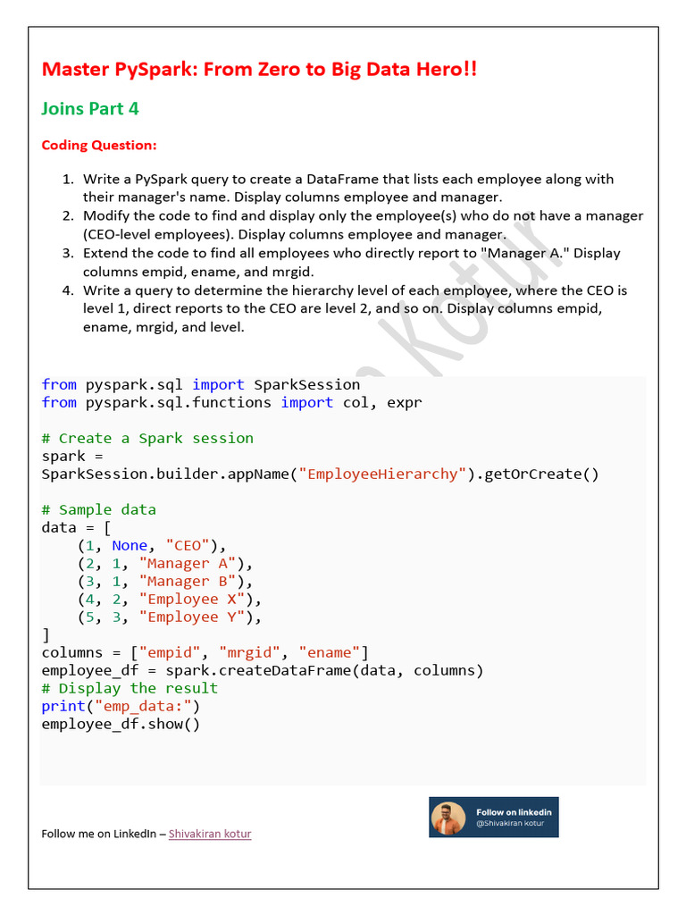 PySpark Employee Hierarchy Queries | PDF