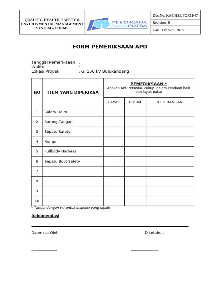 Formulir Inspeksi APD Proyek | PDF