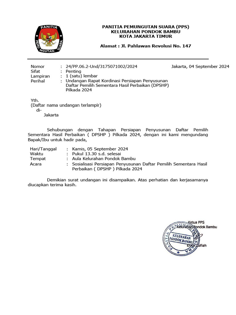 Undangan Sosialisai Tahapan DPSHP Pilkada 2024 Kelurahan Pondok Bambu | PDF