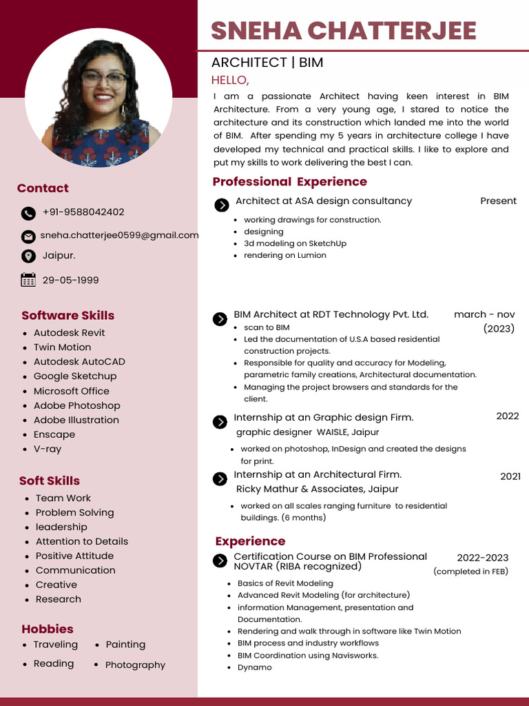 Resume - Sneha Chatterjee | PDF | Autodesk Revit | Architect
