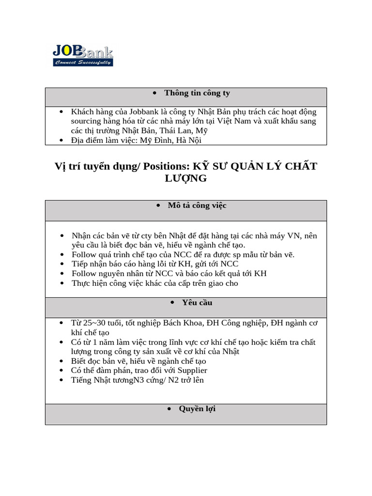 JBHN58 YCTD KỸ SƯ QUẢN LÝ CHẤT LƯỢNG MỸ ĐÌNH HÀ NỘI | PDF