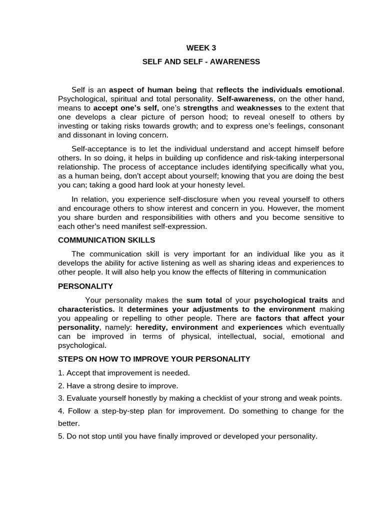 3 WEEK III-Self & Self Awareness | PDF | Self Awareness | Communication