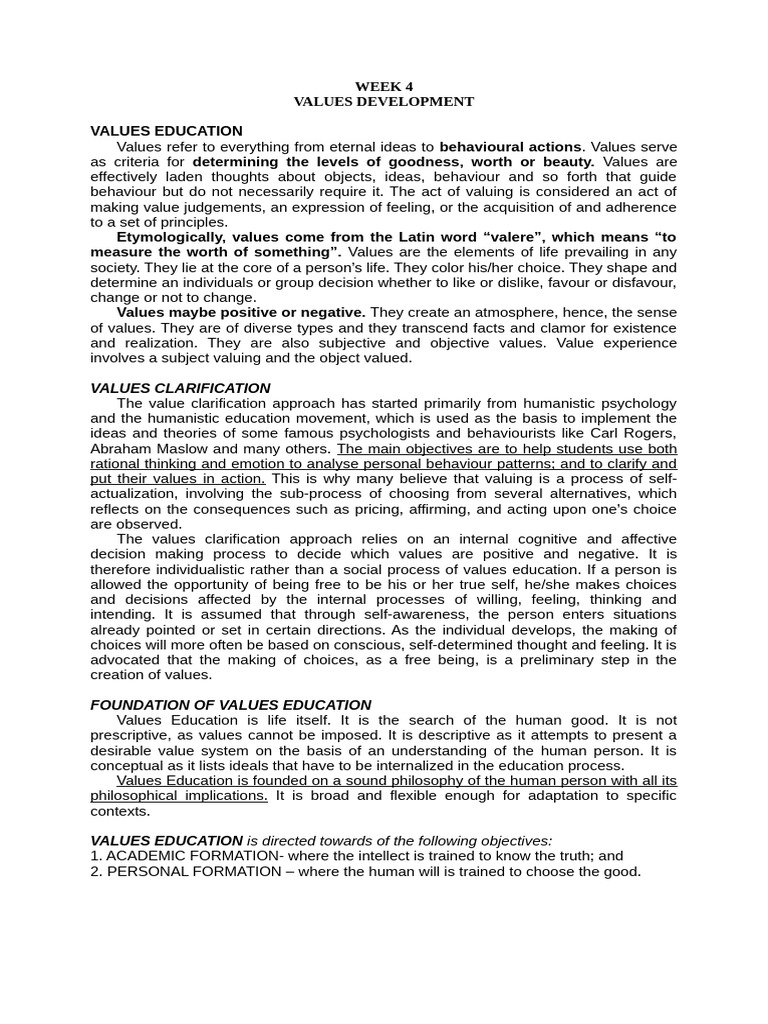 4 WEEK IV-Values Education | PDF | Self Esteem | Psychology