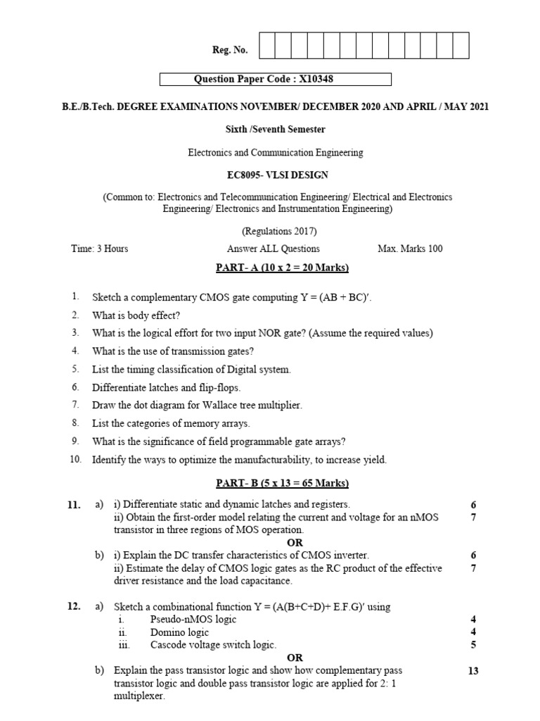 VLSI Design - EC8095 2017 Regulation - Question Paper 2020 Nov Dec 2021 ...